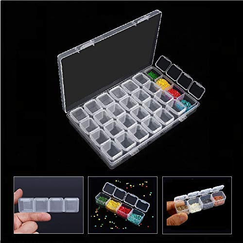 4 Pack Diamond Embroidery Boxes, 28 Grids Slot Diamond Painting Beads Storage Boxes, 5D Diamond Painting Accessories Craft Storage Containers with Marker Stickers