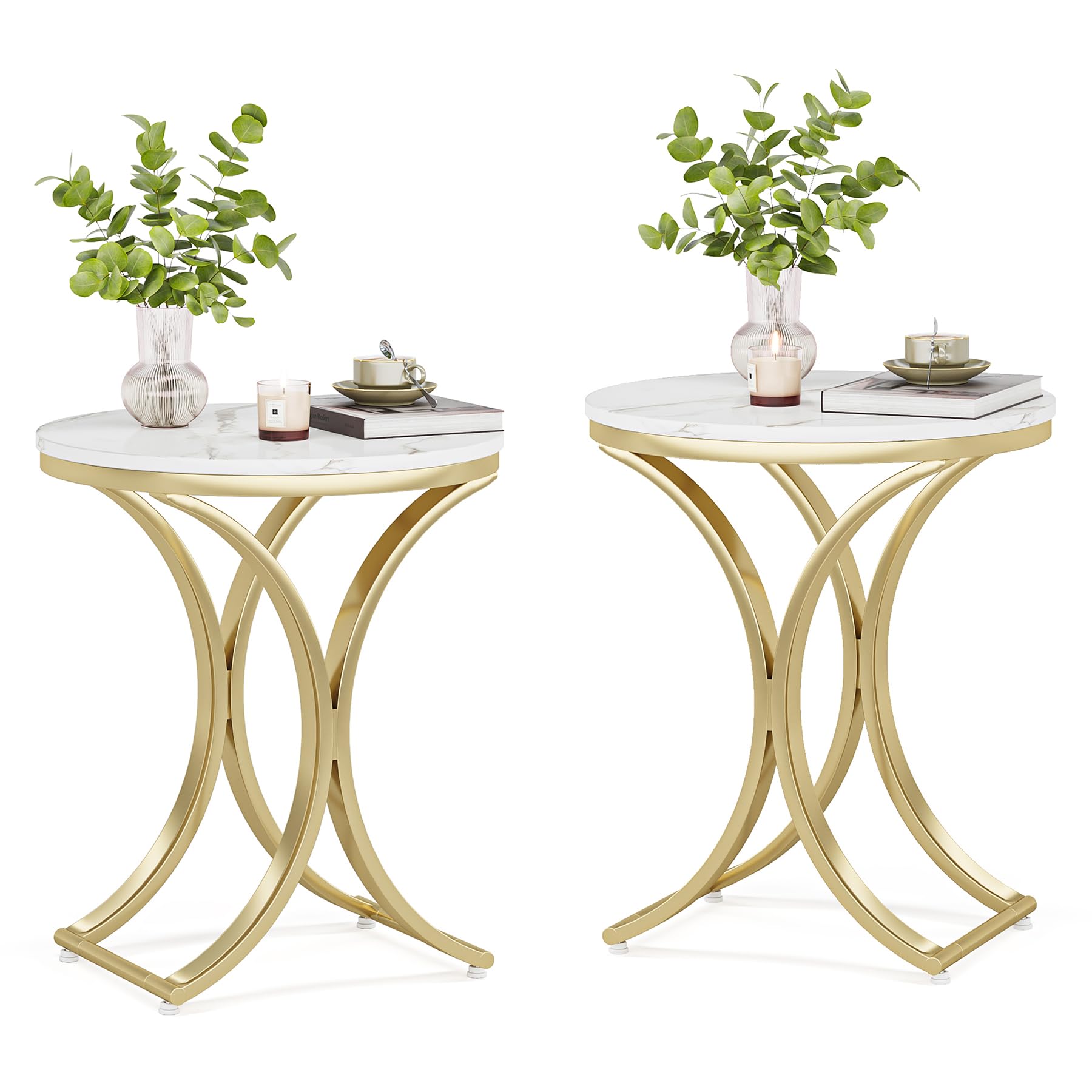 Tribesigns Small Round Sofa Side Table Set of 2, Contemporary Round Coffee Table, Accent Bedside Table (Faux Marble)