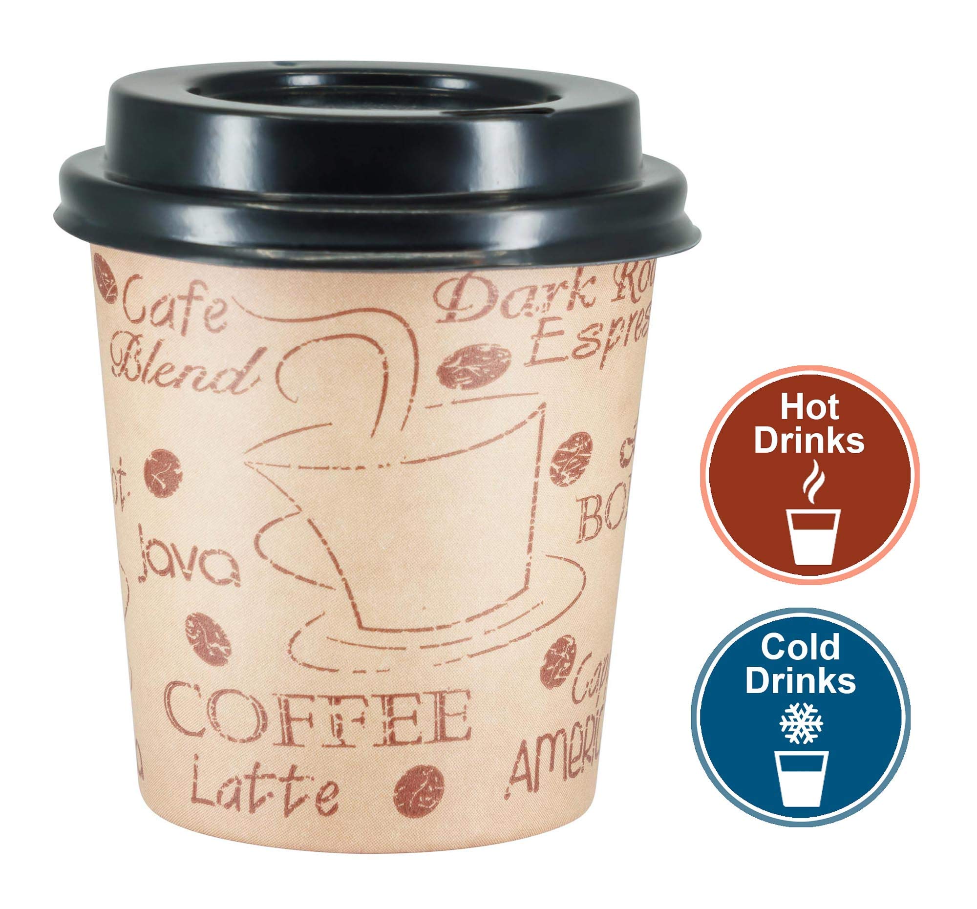 ECODESIGN-US 4 Ounce Disposable Espresso Paper Cups with Black Lids - 50 Sets - Print - Small Portion Sample Shots (50, print)