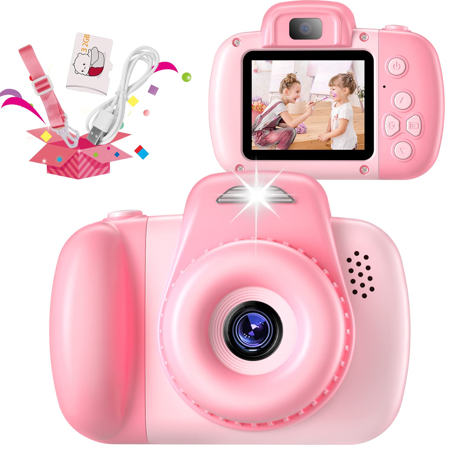 Kids Camera, HAONIU 48MP Digital Dual Camera Kids Toys for Boys/Girls 3-12 Years Old, Kid Selfie Camera with 2.0 Inch IPS Screen, 32GB SD Card, 1080P HD Video Cameras for Toddler Birthday Gifts (Pink)
