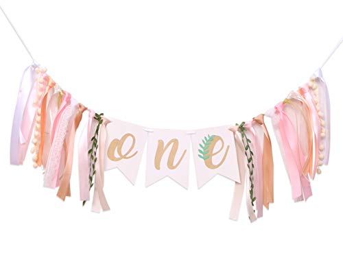 WAHAWU Baby Girl Banner for 1st Birthday - Green Leaf Pink Gold Tan , Rustic High Chair Banner , Boho High Chair Bunting , Photo Decoration Props , Birthday Party Gifts for Girls (Green Leaf pink banner)