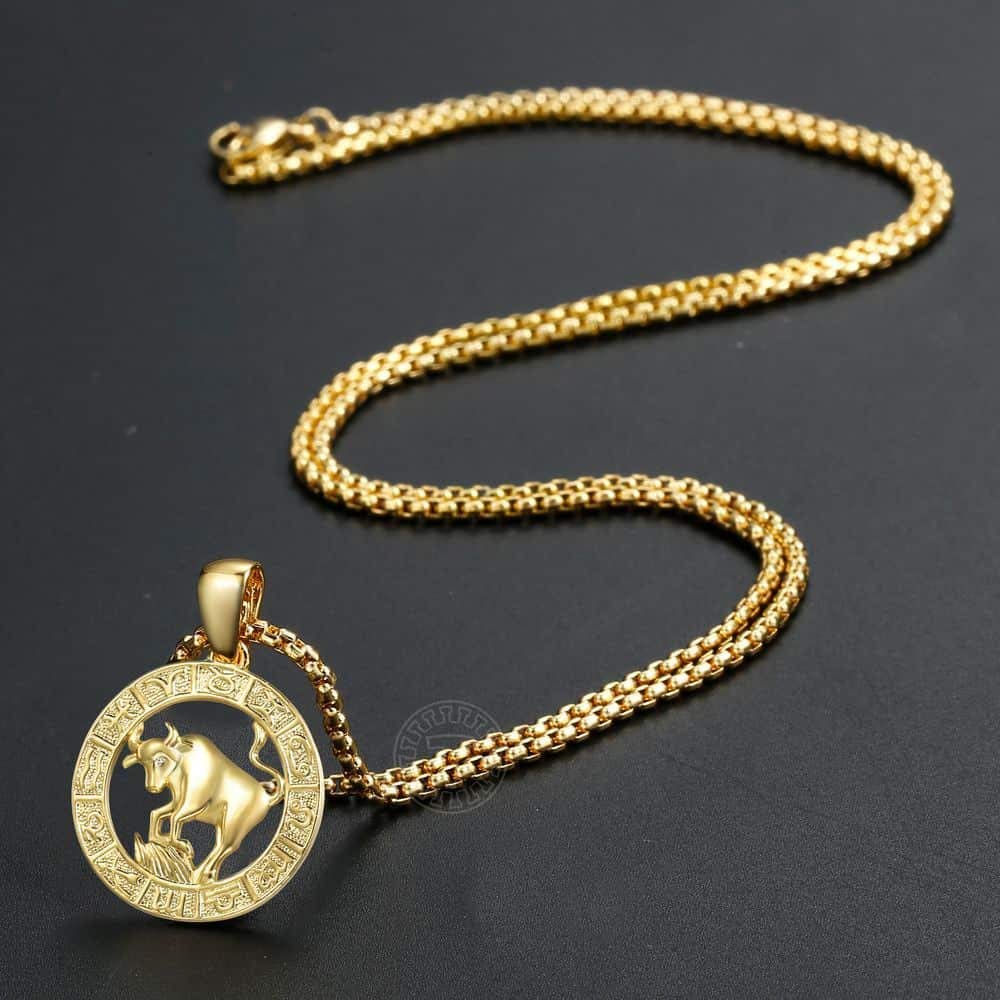 Hermah Gold Plated Zodiac Sign Pendant Necklace for Women Men Taurus Constellation Horoscope Stainless Steel Box Link Chain 22inch