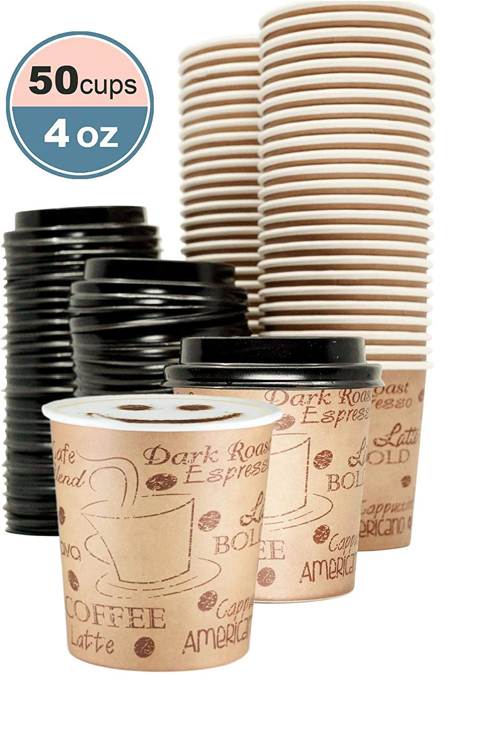 ECODESIGN-US 4 Ounce Disposable Espresso Paper Cups with Black Lids - 50 Sets - Print - Small Portion Sample Shots (50, print)