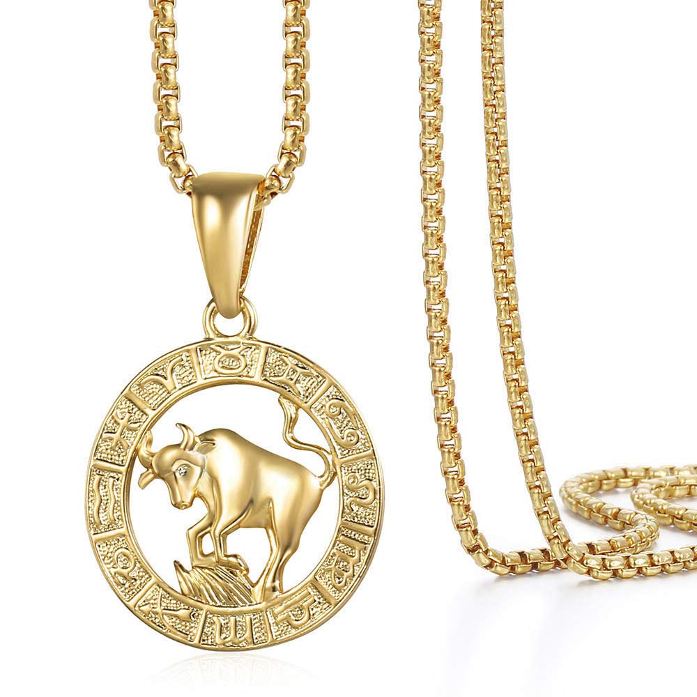 Hermah Gold Plated Zodiac Sign Pendant Necklace for Women Men Taurus Constellation Horoscope Stainless Steel Box Link Chain 22inch