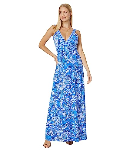 Lilly Pulitzer Serena V-Neck Maxi Dress Blue Tang Flocking Fabulous Engineered Knit Dress 0