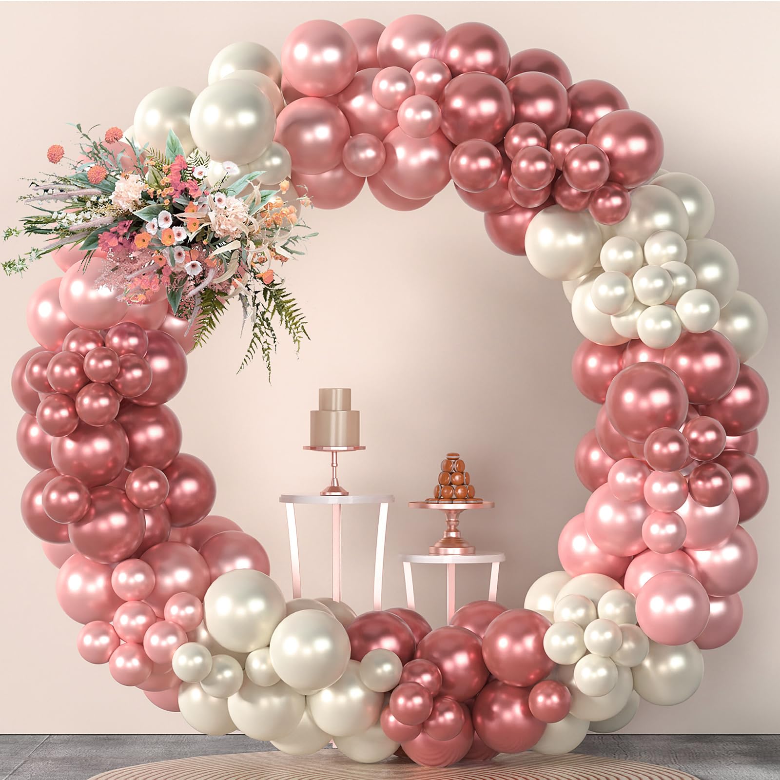 Pearl White Pink Double Stuffed Balloons Garland White Sand Rose Gold Balloon Arch Kit Different Sizes for Baby Shower Birthday Wedding Party Decorations