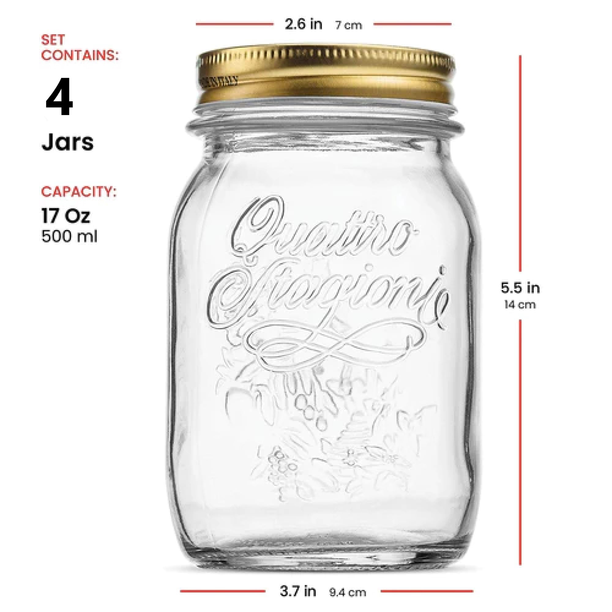 Bormioli Rocco Quattro Stagioni set of 4 Clear Airtight Mason Jars, 17 Oz. Made from BPA Free Durable Glass, Made In Italy.