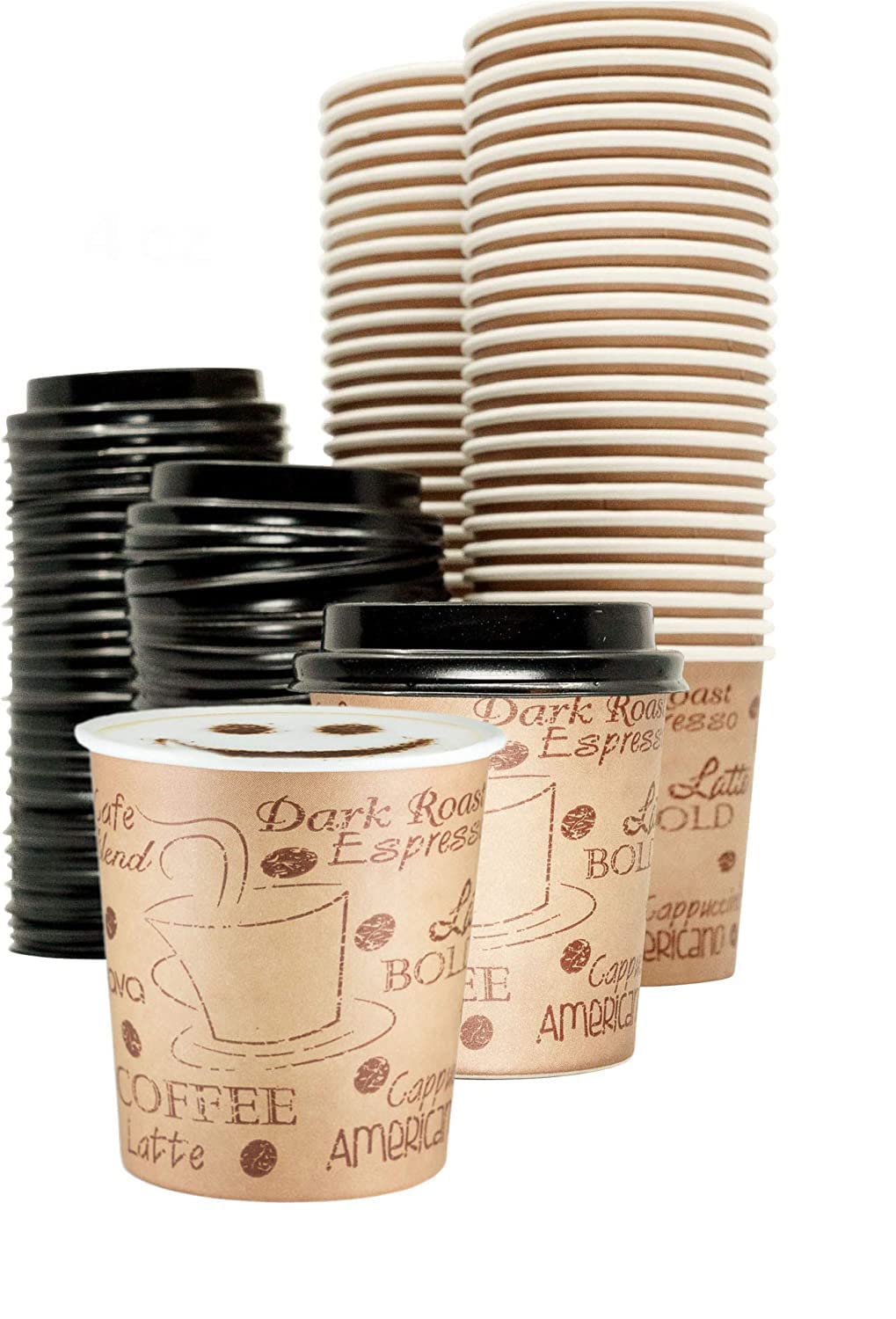 ECODESIGN-US 4 Ounce Disposable Espresso Paper Cups with Black Lids - 50 Sets - Print - Small Portion Sample Shots (50, print)