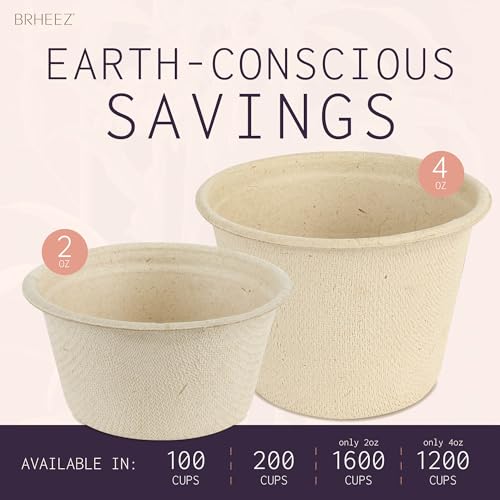 brheez 2 oz - Pack of 100 Disposable Bagasse Fiber Souffle Cups , 100% Natural, Biodegradable & Compostable Perfect for Condiments Small Portion & Samples Eco Friendly Paper Alternative - Natural
