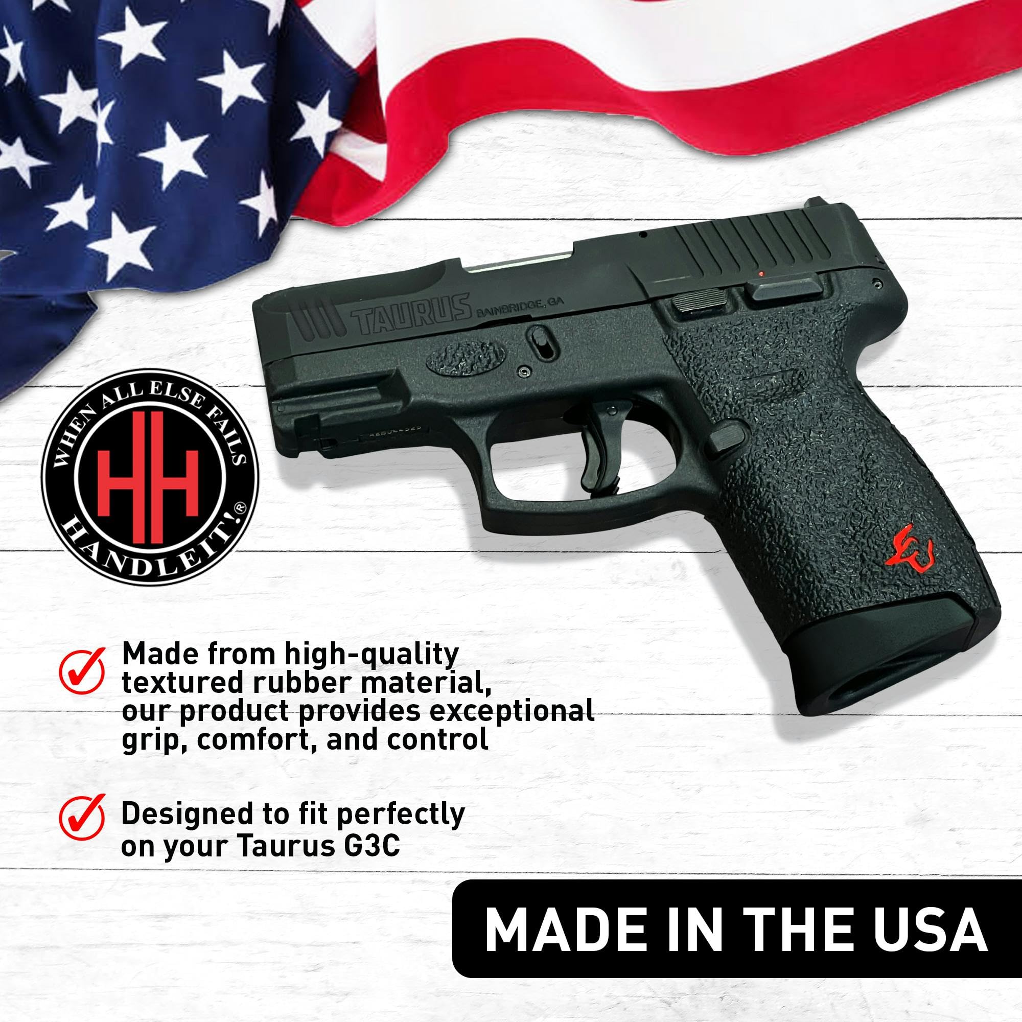 Handleitgrips Gun Grip Tape Compatible with Taurus G3C | Black Textured Rubber Pistol Grip Tape with Red Insert | Gun Accessories | Veteran Owned
