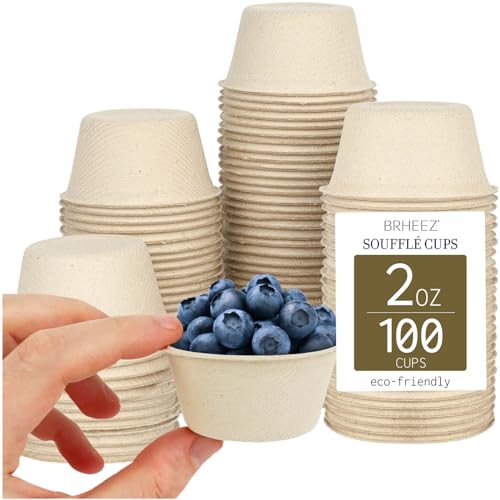 brheez 2 oz - Pack of 100 Disposable Bagasse Fiber Souffle Cups , 100% Natural, Biodegradable & Compostable Perfect for Condiments Small Portion & Samples Eco Friendly Paper Alternative - Natural