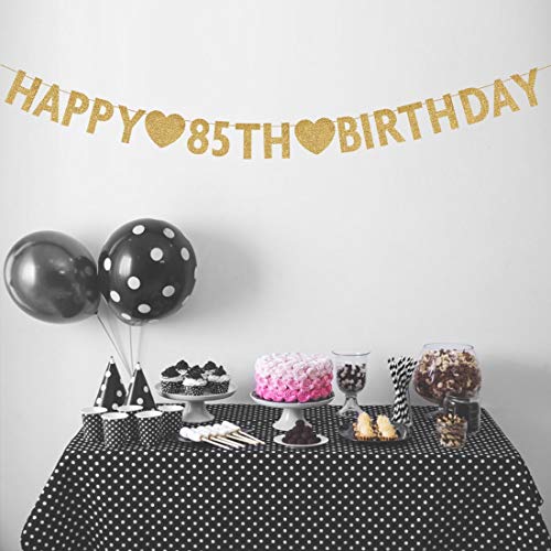 Gold Happy 85th Birthday Banner, Glitter 85 Years Old Woman or Man Party Decorations, Supplies