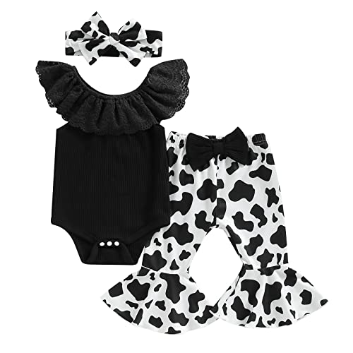 Western Baby Girl Clothes Newborn Rib Ruffle Long Sleeve Knit Romper Cow Print Flared Pants Headband Set 3Pcs Outfits (Black Sleeveless, 0-3 Months)