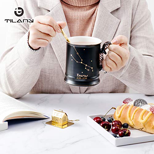 TILANY Ceramic Coffee Mug With Constellation Design - Black Tea Mugs With Golden Spoon & Tea Infuser - Large Porcelain Cups - Coffee Pottery Cup With Zodiac Sign - 13.5oz Cup Gift Set (Taurus)