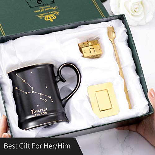 TILANY Ceramic Coffee Mug With Constellation Design - Black Tea Mugs With Golden Spoon & Tea Infuser - Large Porcelain Cups - Coffee Pottery Cup With Zodiac Sign - 13.5oz Cup Gift Set (Taurus)