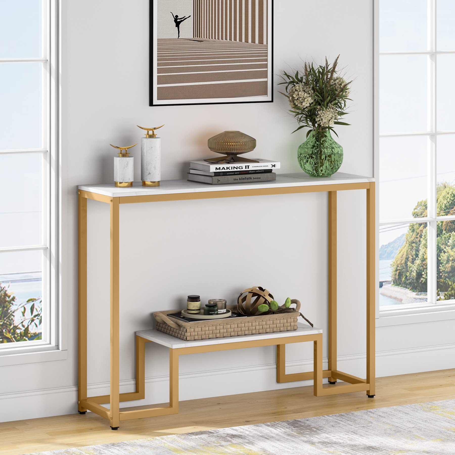 Tribesings White and Gold Narrow Console Sofa Table with Faux Marble Veneer for Entryway, Mid-Century Modern Accent Table for Living Room 42.5''WX11.81''DX31.5''H
