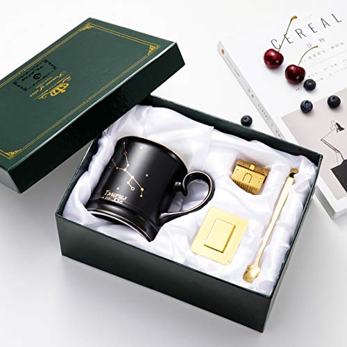 TILANY Ceramic Coffee Mug With Constellation Design - Black Tea Mugs With Golden Spoon & Tea Infuser - Large Porcelain Cups - Coffee Pottery Cup With Zodiac Sign - 13.5oz Cup Gift Set (Taurus)
