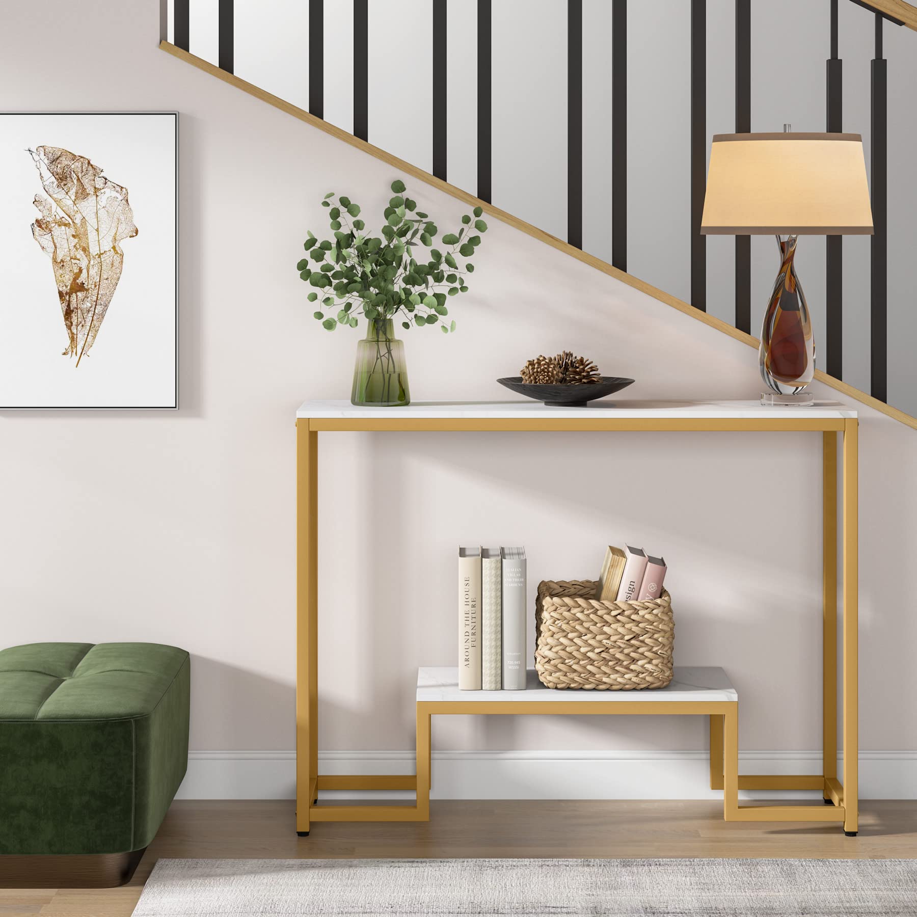 Tribesings White and Gold Narrow Console Sofa Table with Faux Marble Veneer for Entryway, Mid-Century Modern Accent Table for Living Room 42.5''WX11.81''DX31.5''H