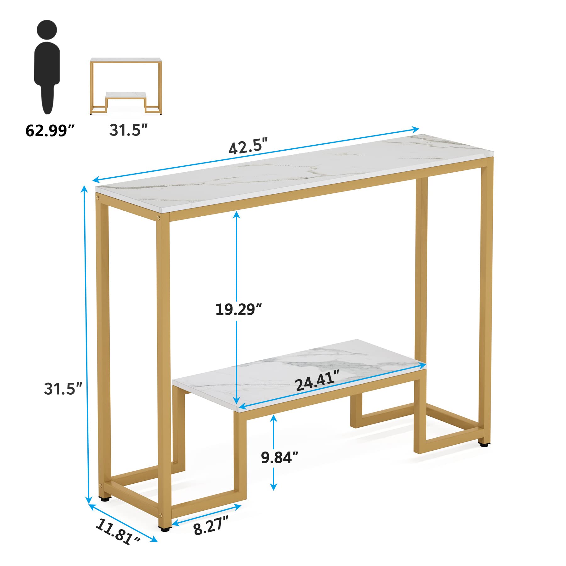Tribesings White and Gold Narrow Console Sofa Table with Faux Marble Veneer for Entryway, Mid-Century Modern Accent Table for Living Room 42.5''WX11.81''DX31.5''H