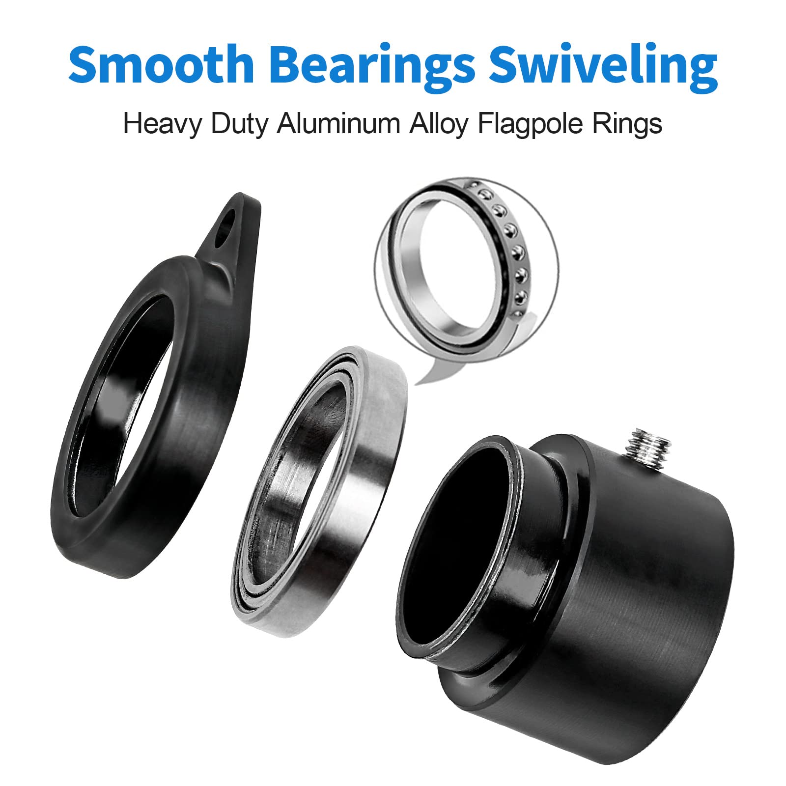 HIBLE 1 Inch Black Flag Pole Ring with Built-in Bearings, Spinning Aluminum Alloy Flagpole Rings, 360 Degree Rotating Tangle Free Flag Pole Spinners (Fit 0.75-1 Inch Pole)