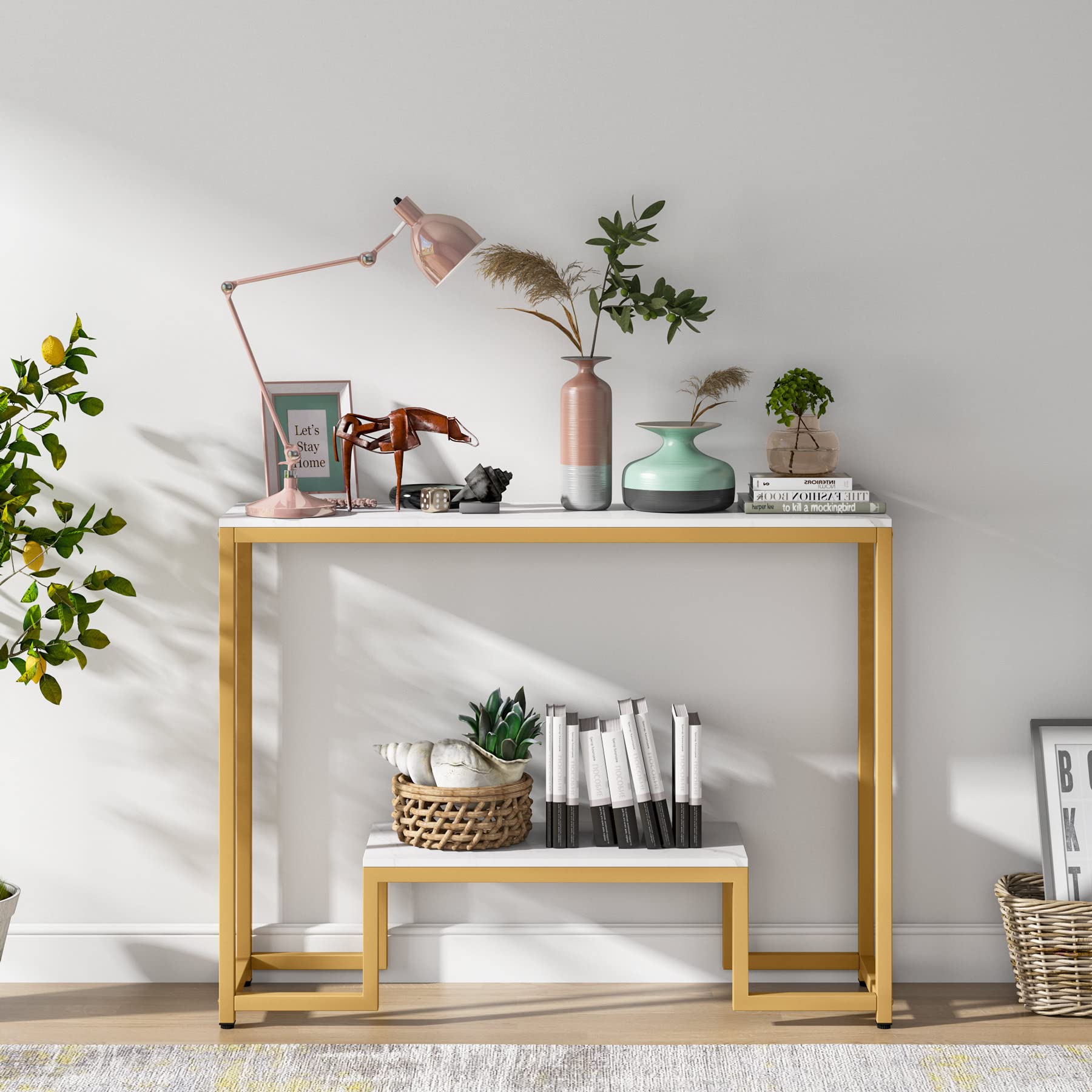 Tribesings White and Gold Narrow Console Sofa Table with Faux Marble Veneer for Entryway, Mid-Century Modern Accent Table for Living Room 42.5''WX11.81''DX31.5''H