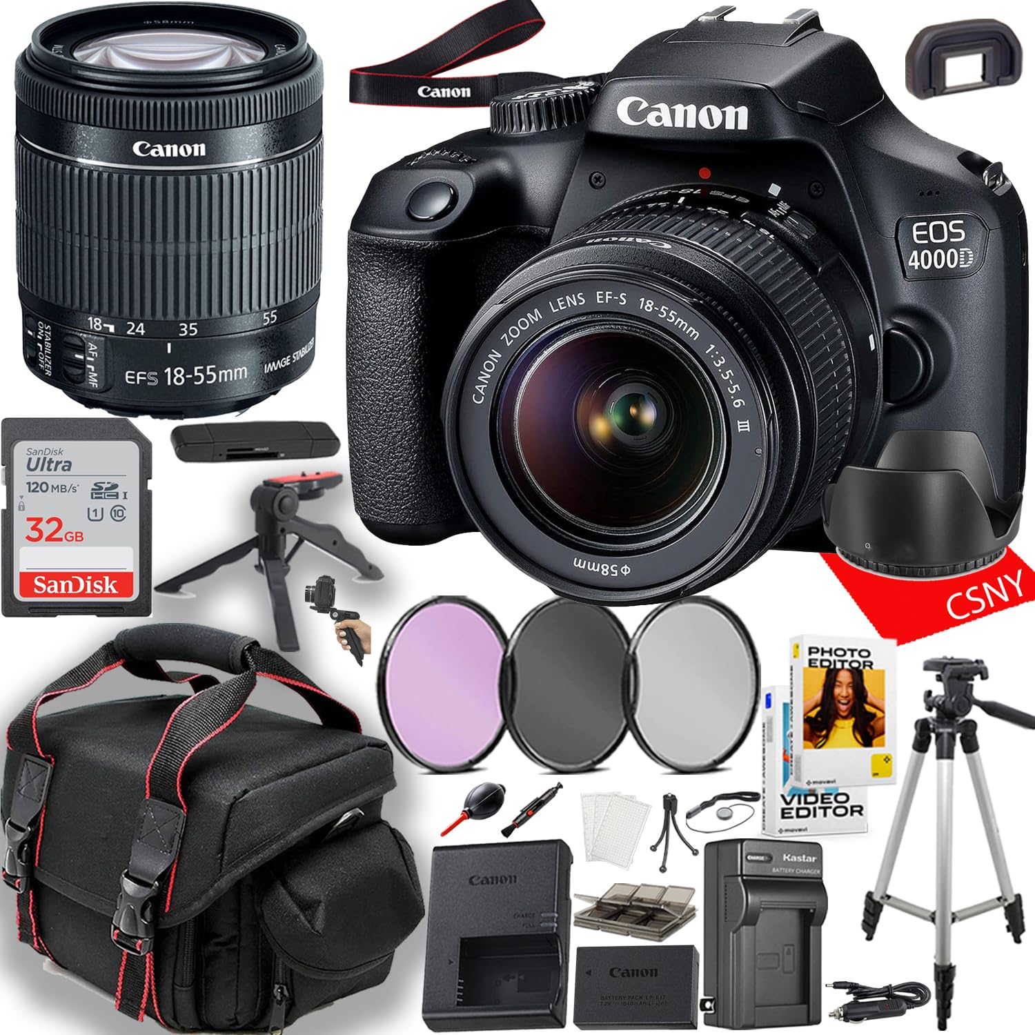 Canon EOS 4000D (Rebel T100) DSLR Camera with 18-55mm Lens + Filters + Tripod + Spare Travel Charger + Mini Tripod + More (22 pc Bundle)