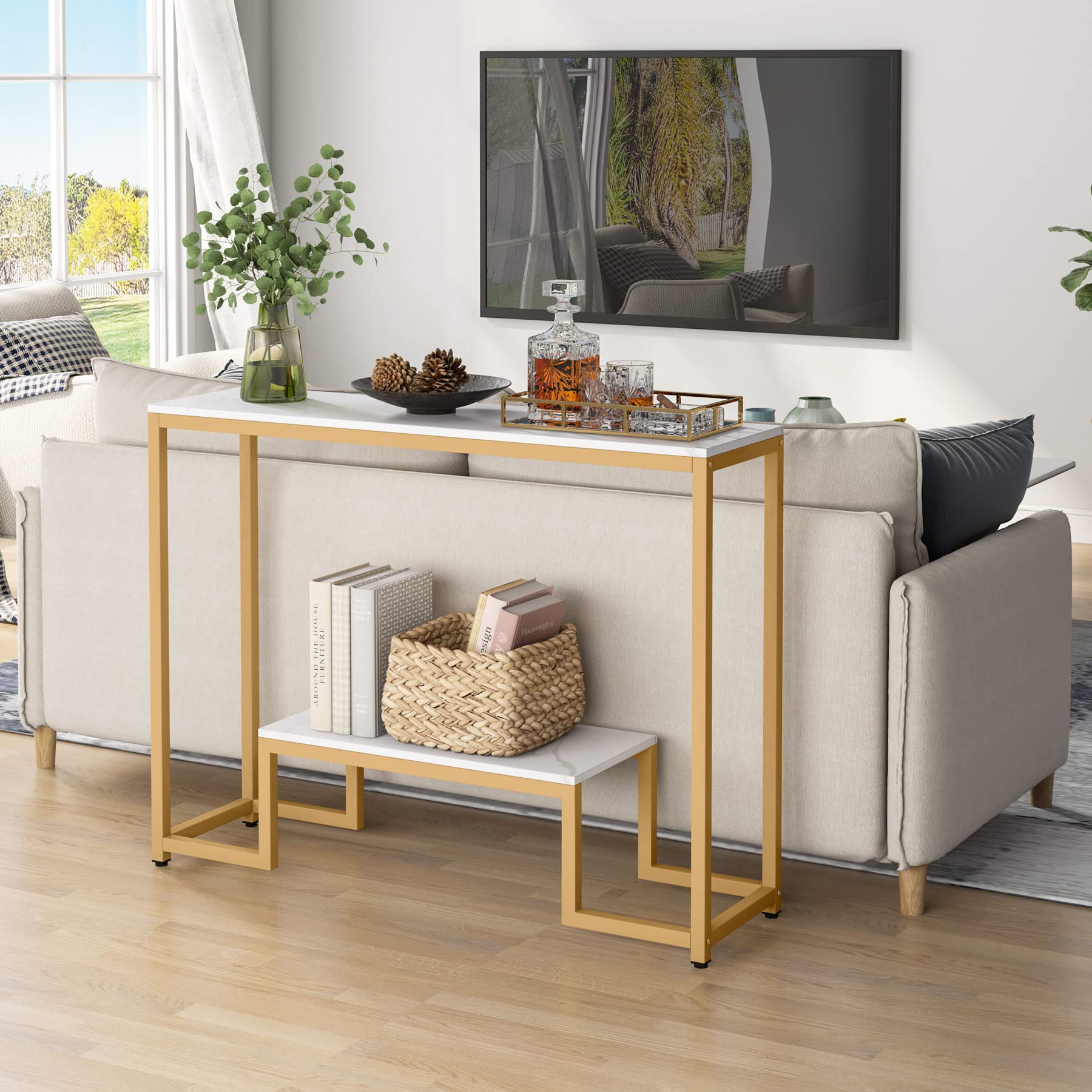 Tribesings White and Gold Narrow Console Sofa Table with Faux Marble Veneer for Entryway, Mid-Century Modern Accent Table for Living Room 42.5''WX11.81''DX31.5''H