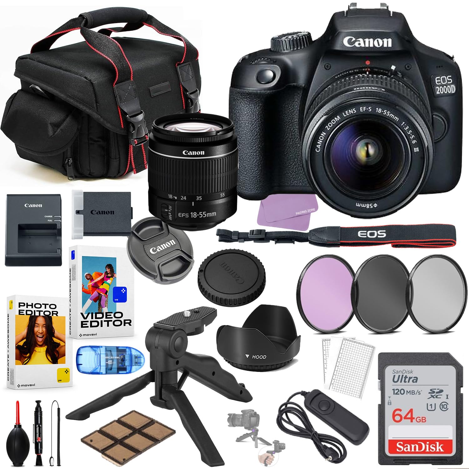 Canon EOS 2000D DSLR Camera with 18-55mm III Lens Bundle + Commander Optics Accessories Package Including Filters, Case, Remote + Sandisk 64GB Memory, Movavi Software Package & More (Renewed)
