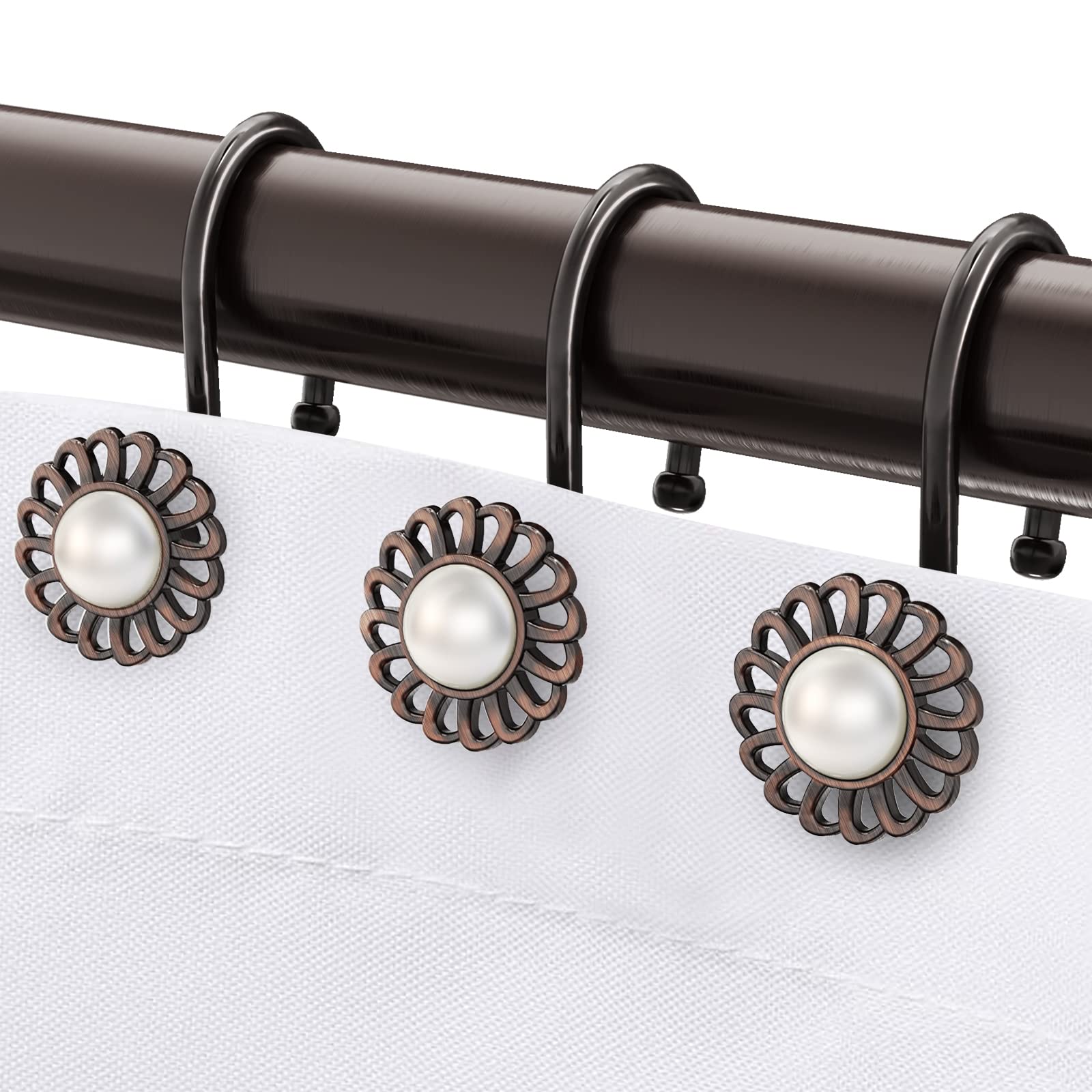 Oil Rubbed Bronze Shower Curtain Hooks, Decorative Sunflower Shower Curtain Rings for Bathroom Shower Curtain Rods and Liner,Metal Shower Hooks, Floral Pearl Shower Rings for Curtain Set of 12