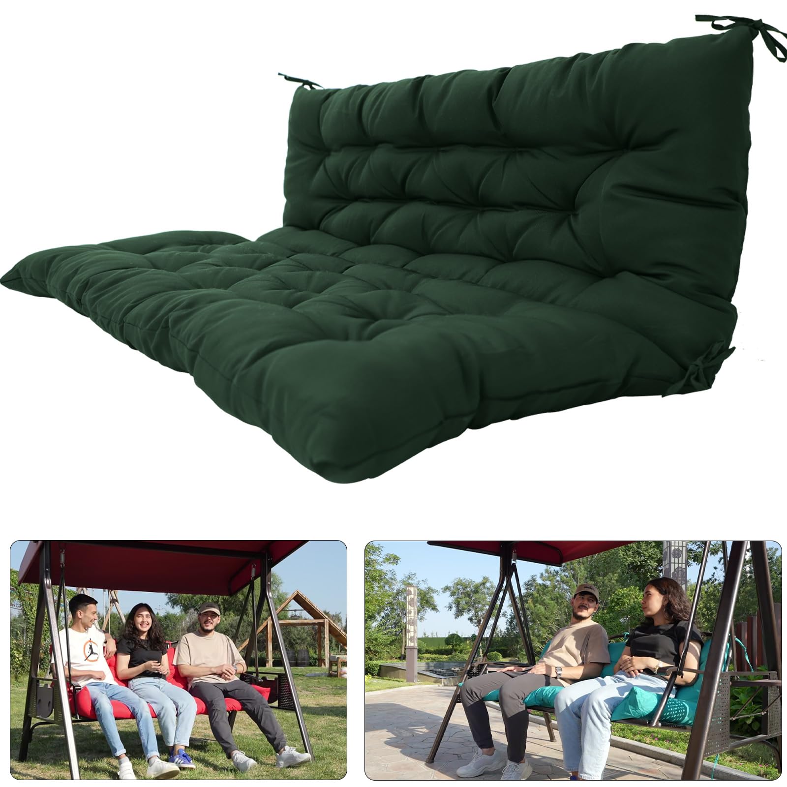 Porch Swing Replacement Cushion, Outdoor Bench Cushions with Backrest Thicken 4", 3 Seat Patio Furniture Garden Loveseat Glider Pad Anti-Fading Waterproof (Green, 59.06 * 39.37inch)