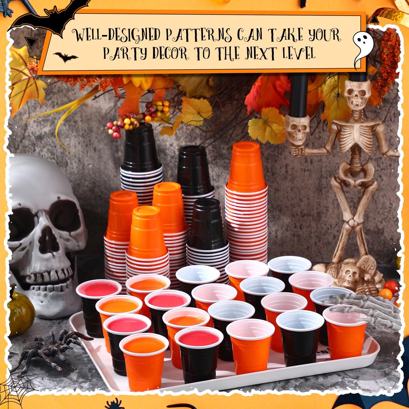 Rtteri 1200 Pcs Orange and Black 2 oz Cups Bulk Halloween Mini Plastic Shot Glasses Set Disposable Small Cups for Drinking Serving Condiment Sauce Thanksgiving Christmas Birthday Party Supplies