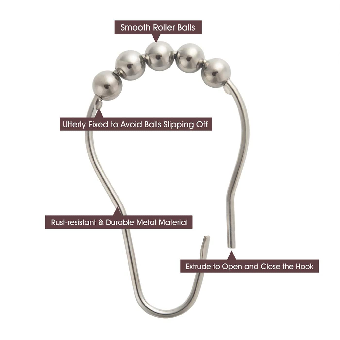 DadyMart Shower Curtain Rings, Rust Resistant Metal Shower Curtain Hooks, Set of 12 Hooks for Bathroom Shower Rods Curtains, Nickel
