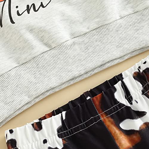 Toddler Baby Girl Fall Outfits Letter Print Sweatshirt Clothes Cow Print Flared Pants Bell Bottom Outfits (Gray, 2-3 Years)