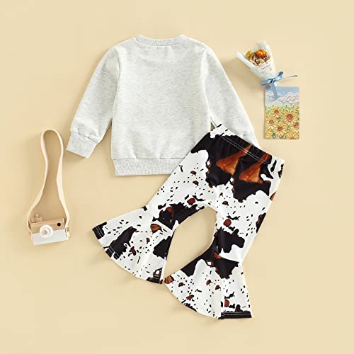Toddler Baby Girl Fall Outfits Letter Print Sweatshirt Clothes Cow Print Flared Pants Bell Bottom Outfits (Gray, 2-3 Years)