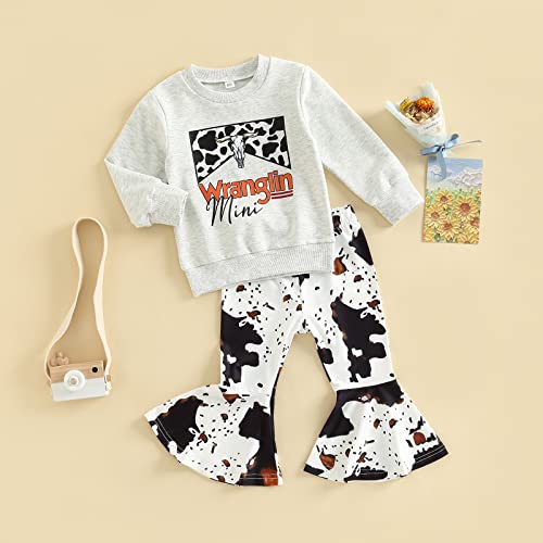 Toddler Baby Girl Fall Outfits Letter Print Sweatshirt Clothes Cow Print Flared Pants Bell Bottom Outfits (Gray, 2-3 Years)