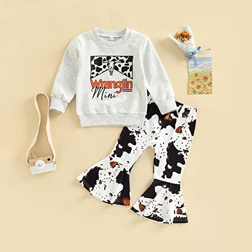 Toddler Baby Girl Fall Outfits Letter Print Sweatshirt Clothes Cow Print Flared Pants Bell Bottom Outfits (Gray, 2-3 Years)