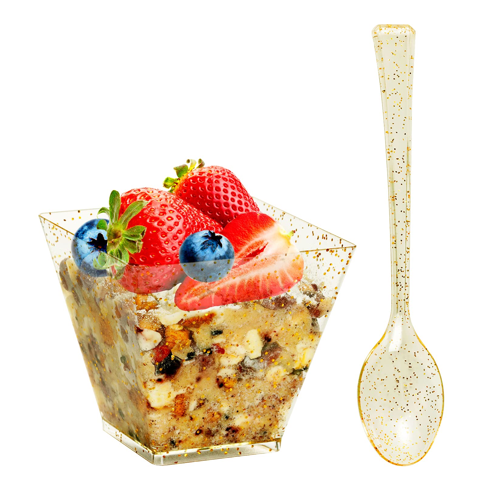 Tongcloud 25 Set Mini Plastic Dessert Cups with Spoons Gold Glitter Square Small Dessert Cups Disposable Gold Glitter Plastic Bowls with Mini Spoons Great for Party Desserts Appetizers