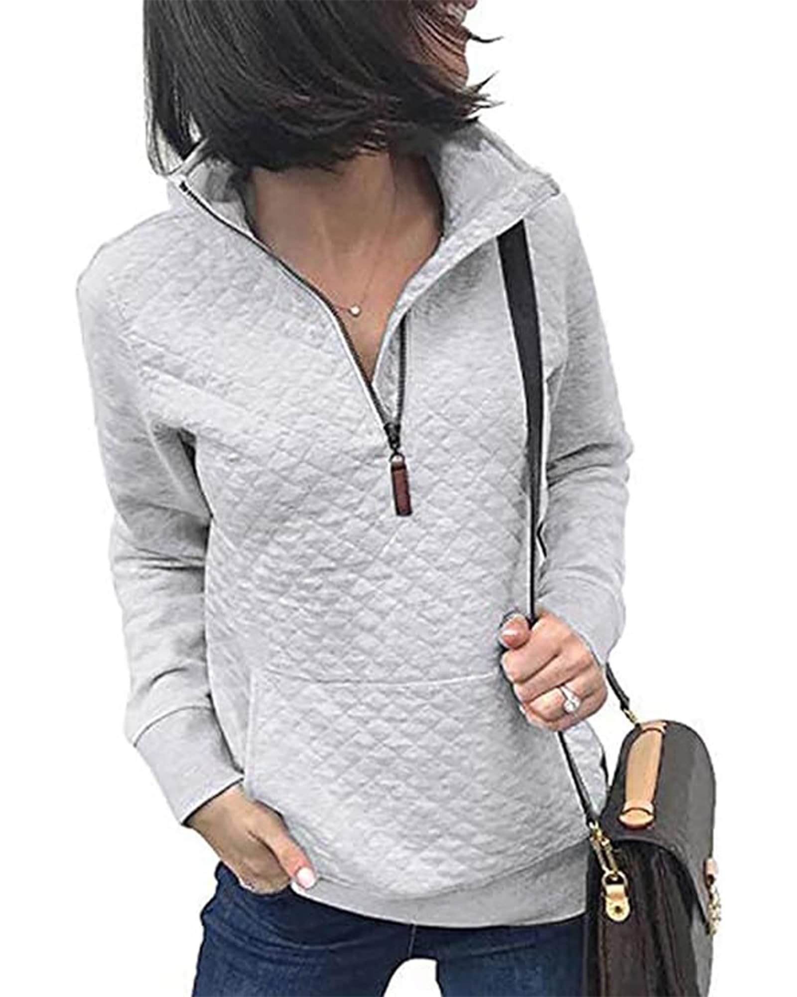 BTFBM Women Fashion Quilted Pattern Lightweight Zipper Long Sleeve Plain Casual Ladies Sweatshirts Pullovers Shirts Tops (White, X-Large)