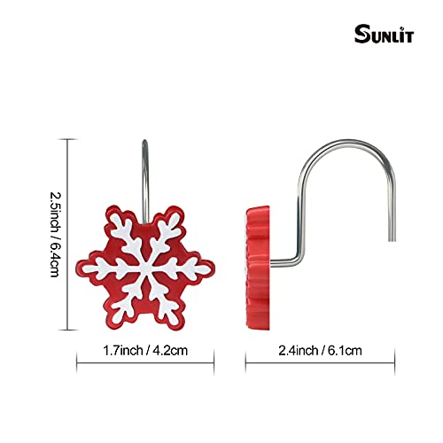 Sunlit Christmas Shower Curtain Hooks Snowflakes Shower Curtain Rings, Resin, Red and White Christmas Decor, Winter Bathroom Decoration - 12 Pack