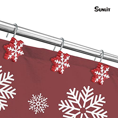 Sunlit Christmas Shower Curtain Hooks Snowflakes Shower Curtain Rings, Resin, Red and White Christmas Decor, Winter Bathroom Decoration - 12 Pack