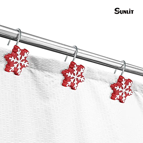 Sunlit Christmas Shower Curtain Hooks Snowflakes Shower Curtain Rings, Resin, Red and White Christmas Decor, Winter Bathroom Decoration - 12 Pack