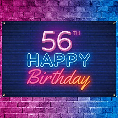 Glow Neon Happy 56th Birthday Backdrop Banner Decor Black – Colorful Glowing 56 Years Old Birthday Party Theme Decorations for Men Women Supplies