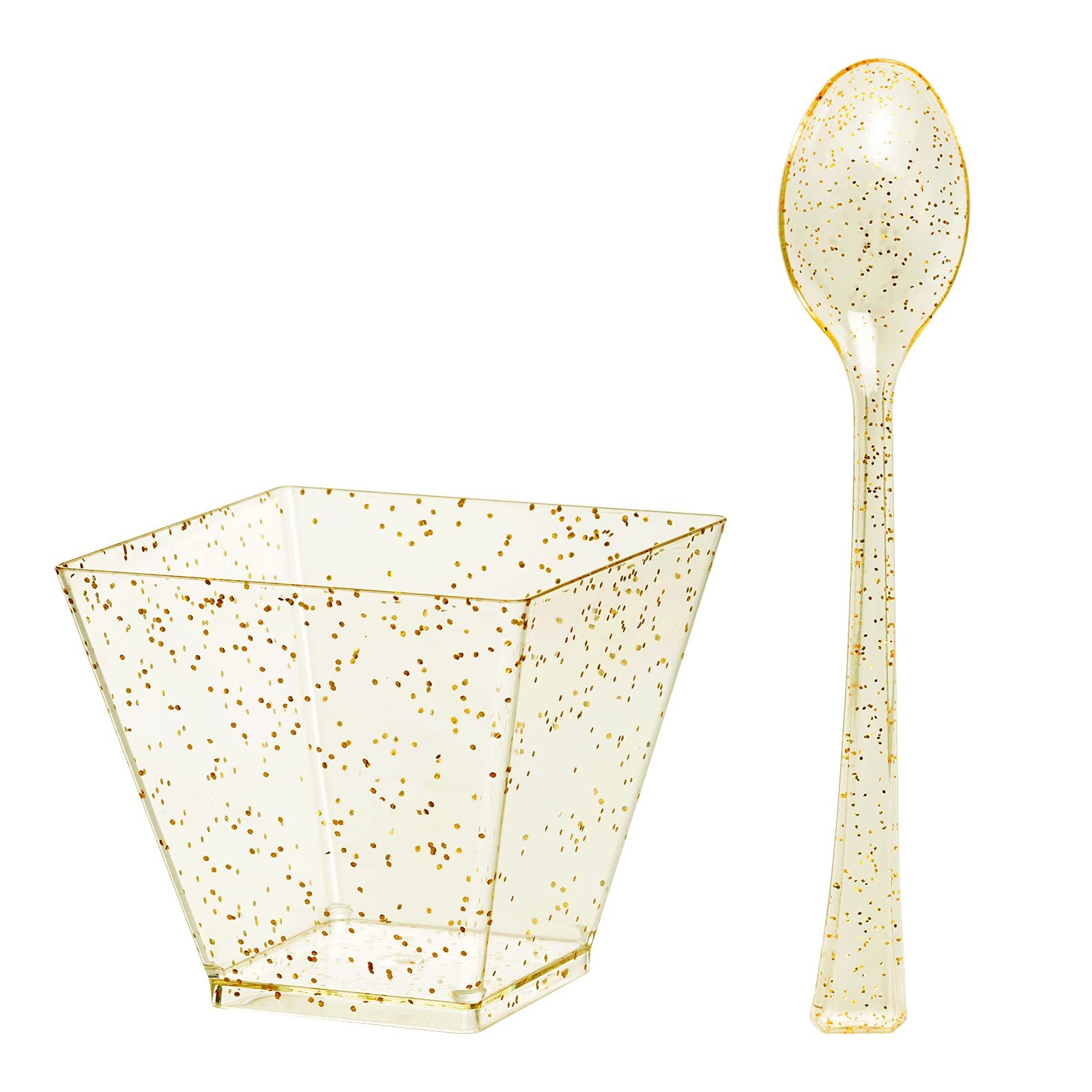 Tongcloud 25 Set Mini Plastic Dessert Cups with Spoons Gold Glitter Square Small Dessert Cups Disposable Gold Glitter Plastic Bowls with Mini Spoons Great for Party Desserts Appetizers
