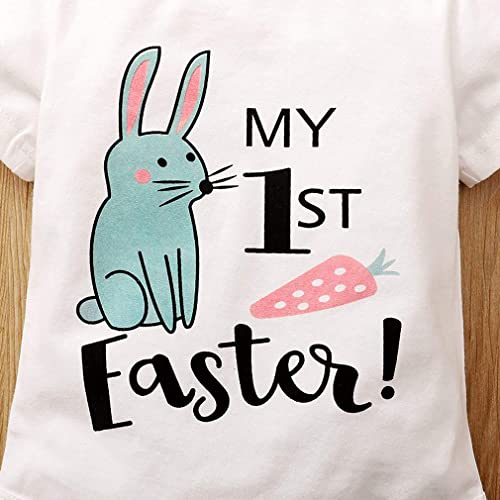 Gushehua 3Pcs Baby boy Easter Outfit Short Sleeve Bodysuit Romper Rabbit Pants Headband Bunny Ear Hat Summer Clothes (White +Blue, 12-18Months)
