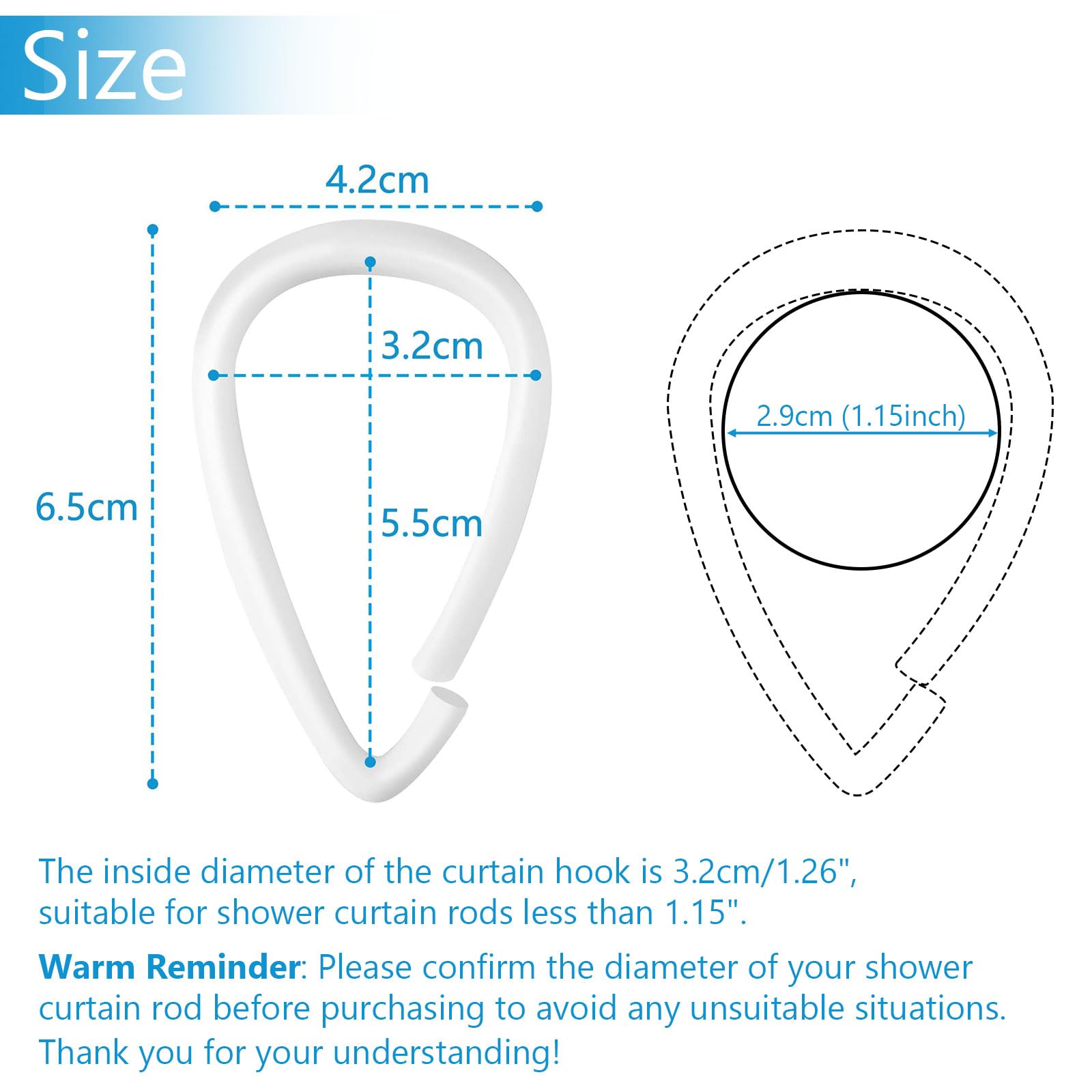 Top-Spring Shower Curtain Rings, Drop Shaped Plastic Shower Curtain Hooks for Bathroom Shower Rod Curtains (White)