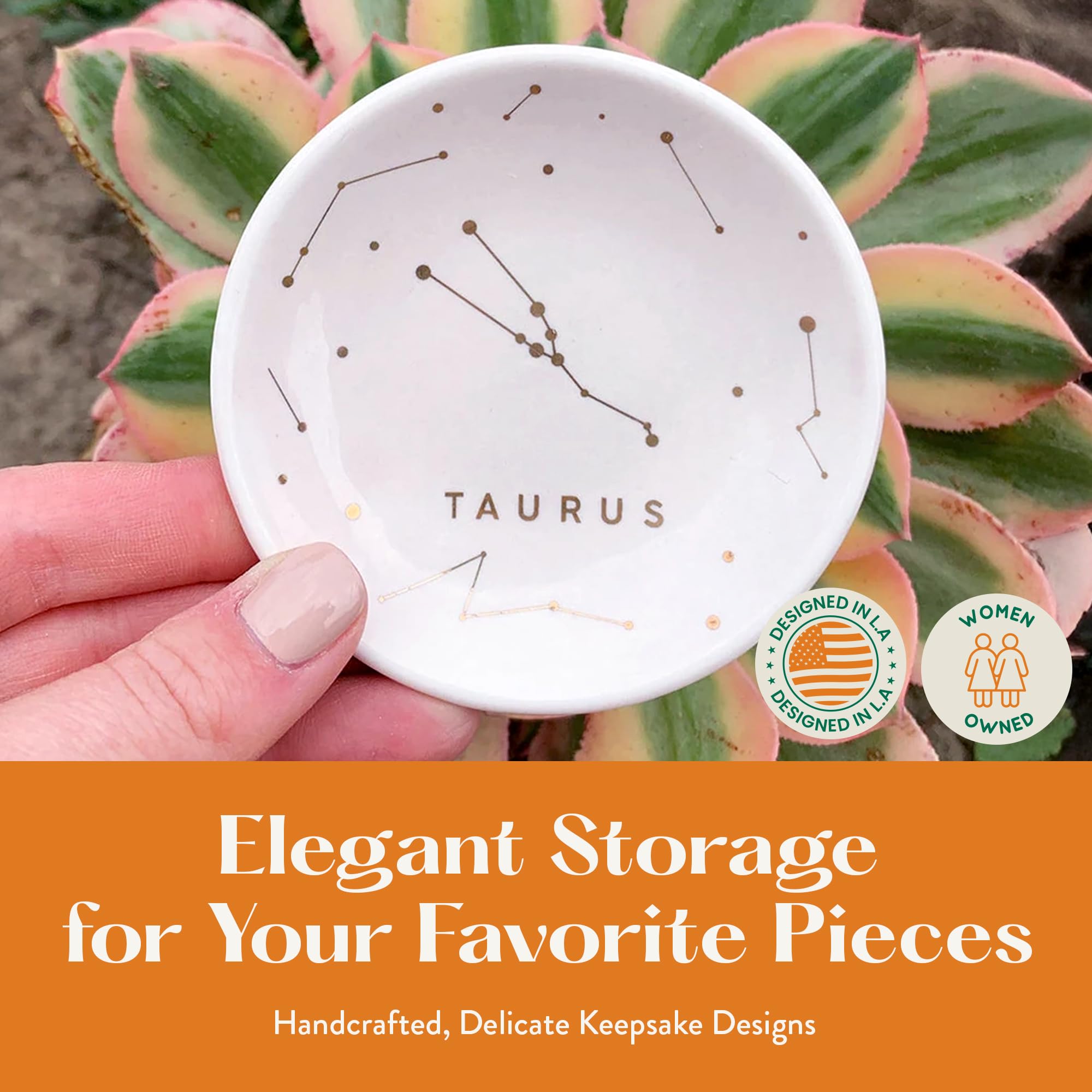 Lucky Feather Zodiac Ring Dish for Women – Glazed Ceramic Jewelry Tray with Astrological Constellation Depicted in Opulent Metallic Gold - Taurus
