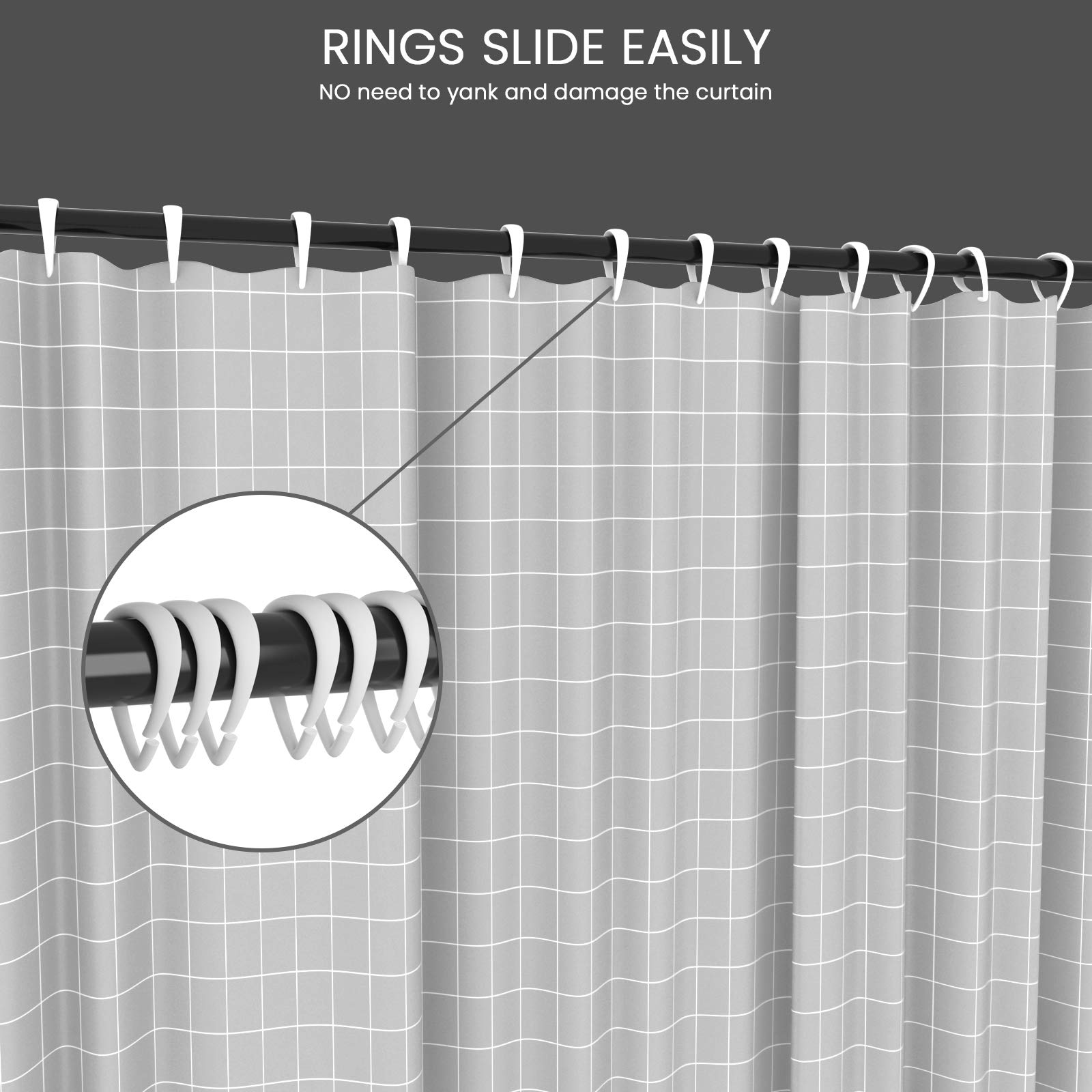 Top-Spring Shower Curtain Rings, Drop Shaped Plastic Shower Curtain Hooks for Bathroom Shower Rod Curtains (White)