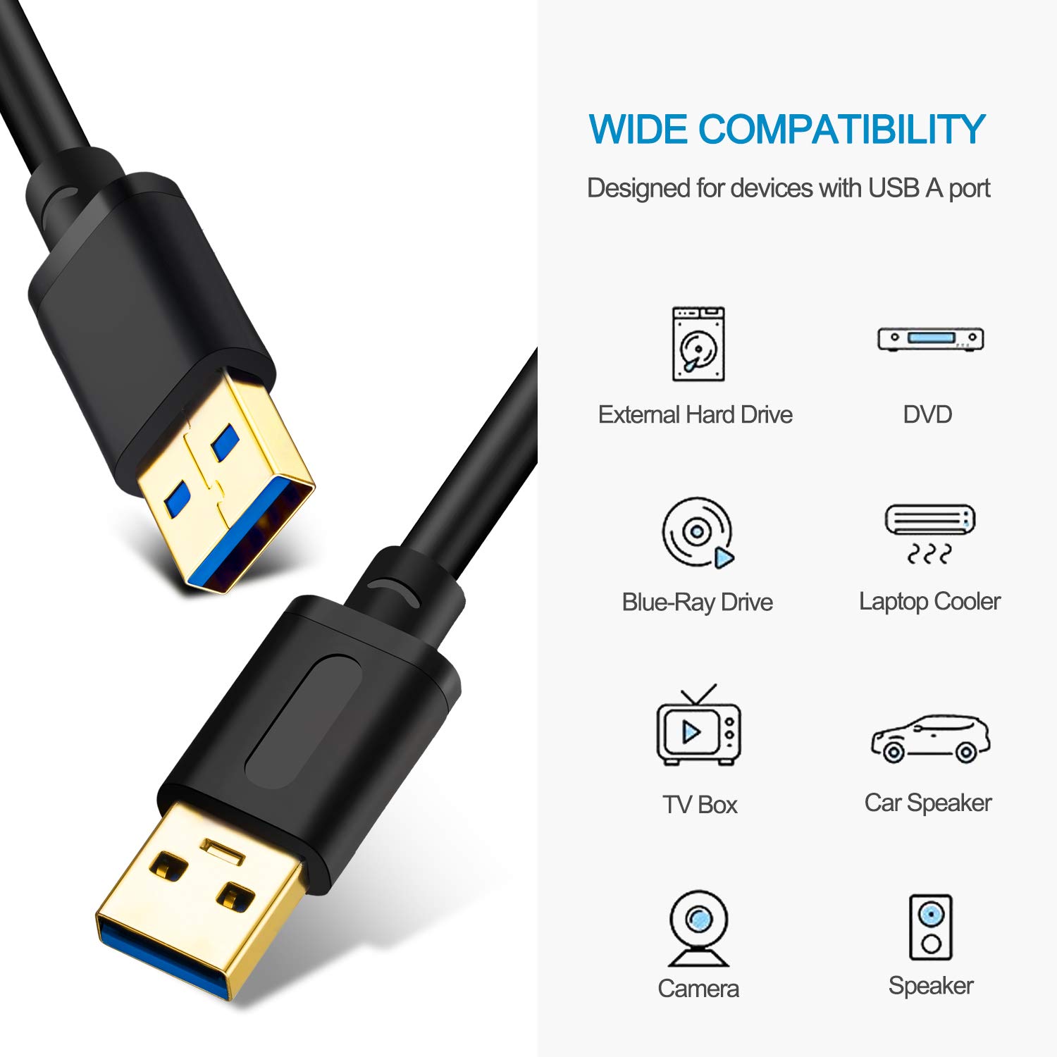 Jelly Tang USB 3.0 A to A Male Cable 6Ft,USB to USB Cable USB Male to Male Cable USB Cord with Gold-Plated Connector for Hard Drive Enclosures, DVD Player, Laptop Cooler (6Ft/1.8M)