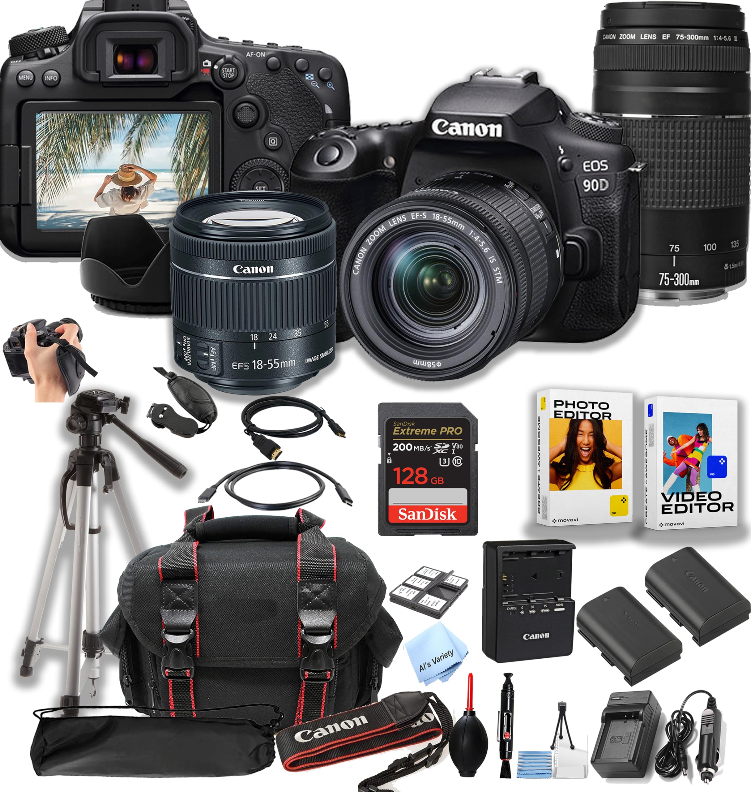 Canon EOS 90D DSLR Camera w/EF-S 18-55mm F/4-5.6 STM + 75-300mm F/4-5.6 III + 128GB Pro Speed Memory + Case + Tripod + Software Pack -Proffesional Bundle (Renewed)
