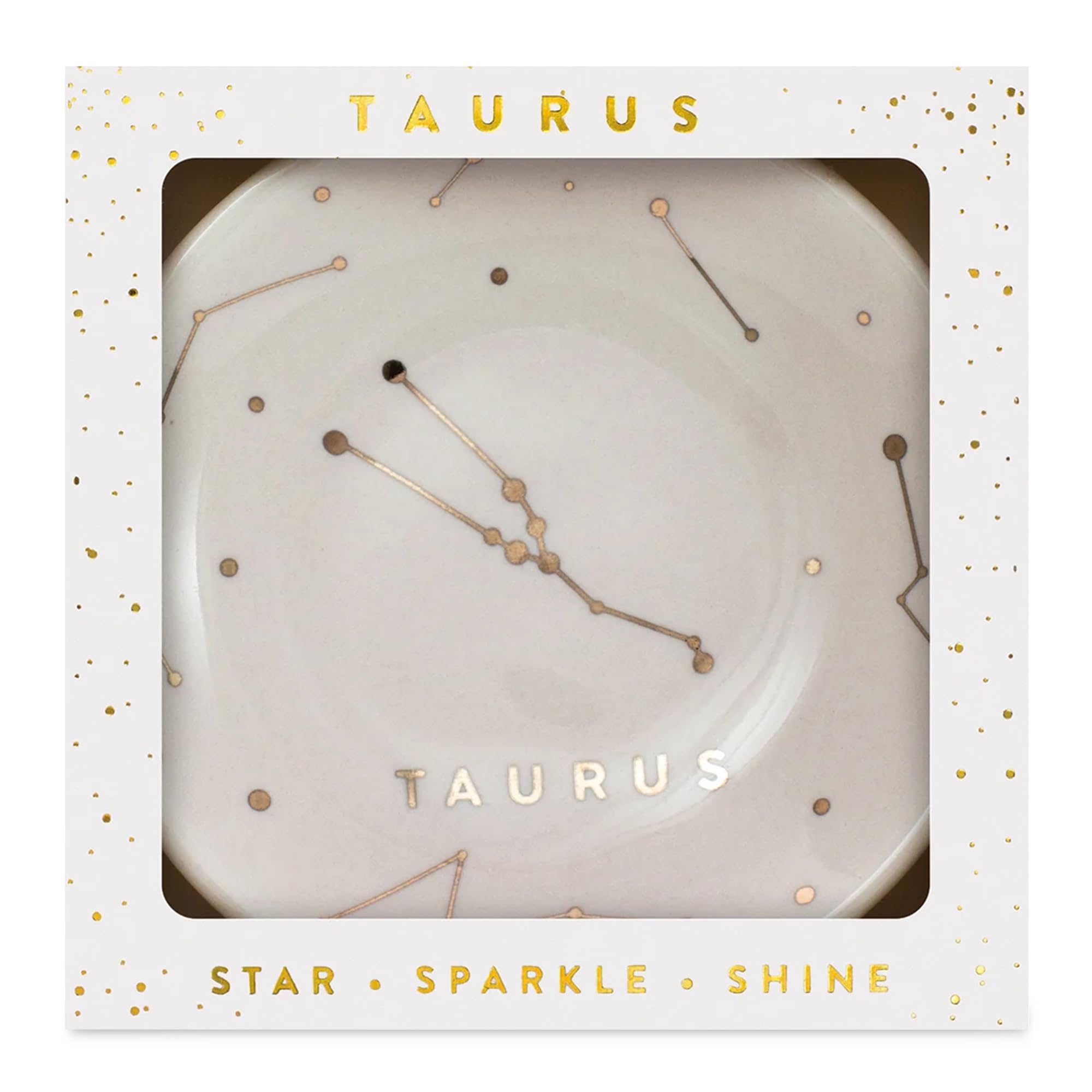 Lucky Feather Zodiac Ring Dish for Women – Glazed Ceramic Jewelry Tray with Astrological Constellation Depicted in Opulent Metallic Gold - Taurus